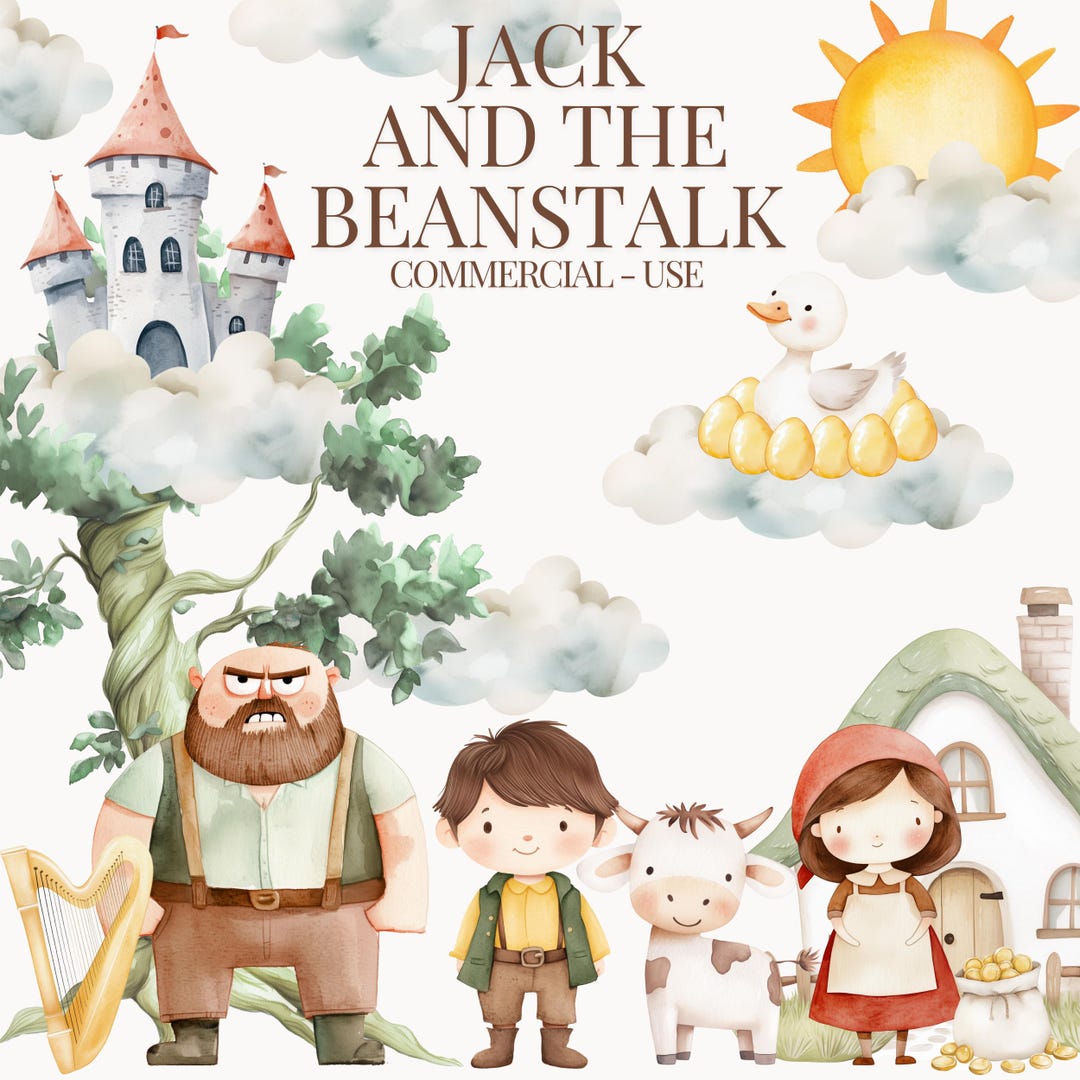 Jack and the Beanstalk Watercolor Clipart, Cute Jack and the Beanstalk ...