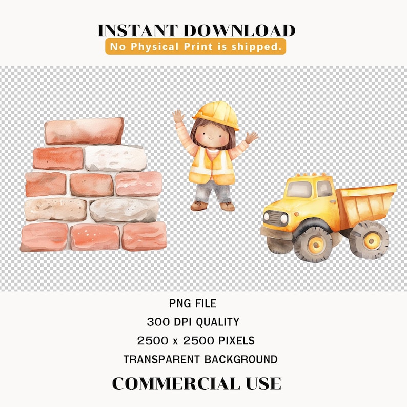 Cute Construction Watercolor Clipart, Construction Vehicle for Kids ...