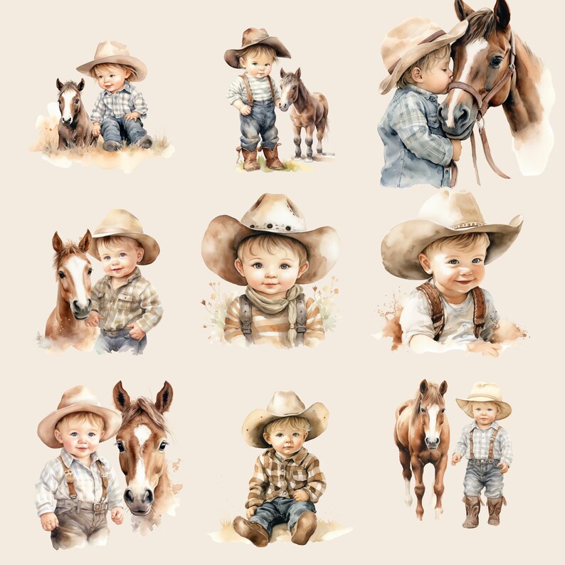 Baby Cowboy Watercolor Clipart Png, Boy With Horse Sublimation PNG ...