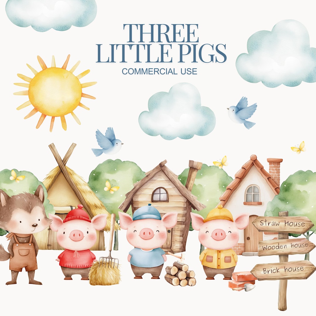 Three Little Pigs Clipart Watercolor Clipart, 3 Little Pigs, Nursery ...