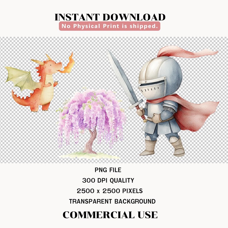 Knights and Dragon Watercolor Clipart PNG, Castle Fairy Tale Dragons ...
