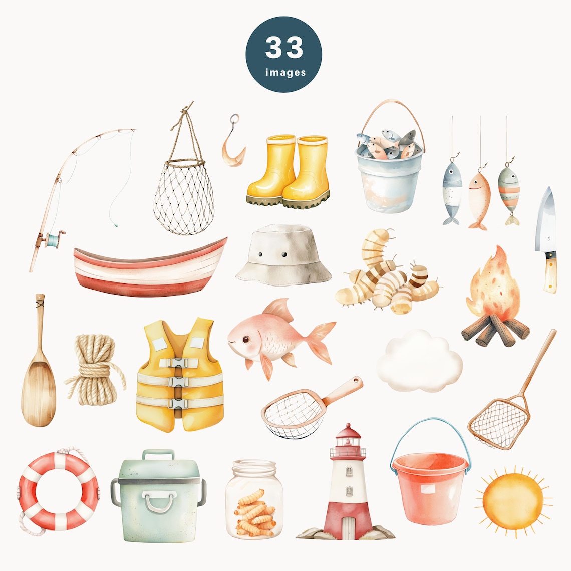 Watercolor Fishing Clipart, Fishing Items , Activity, Watercolor ...