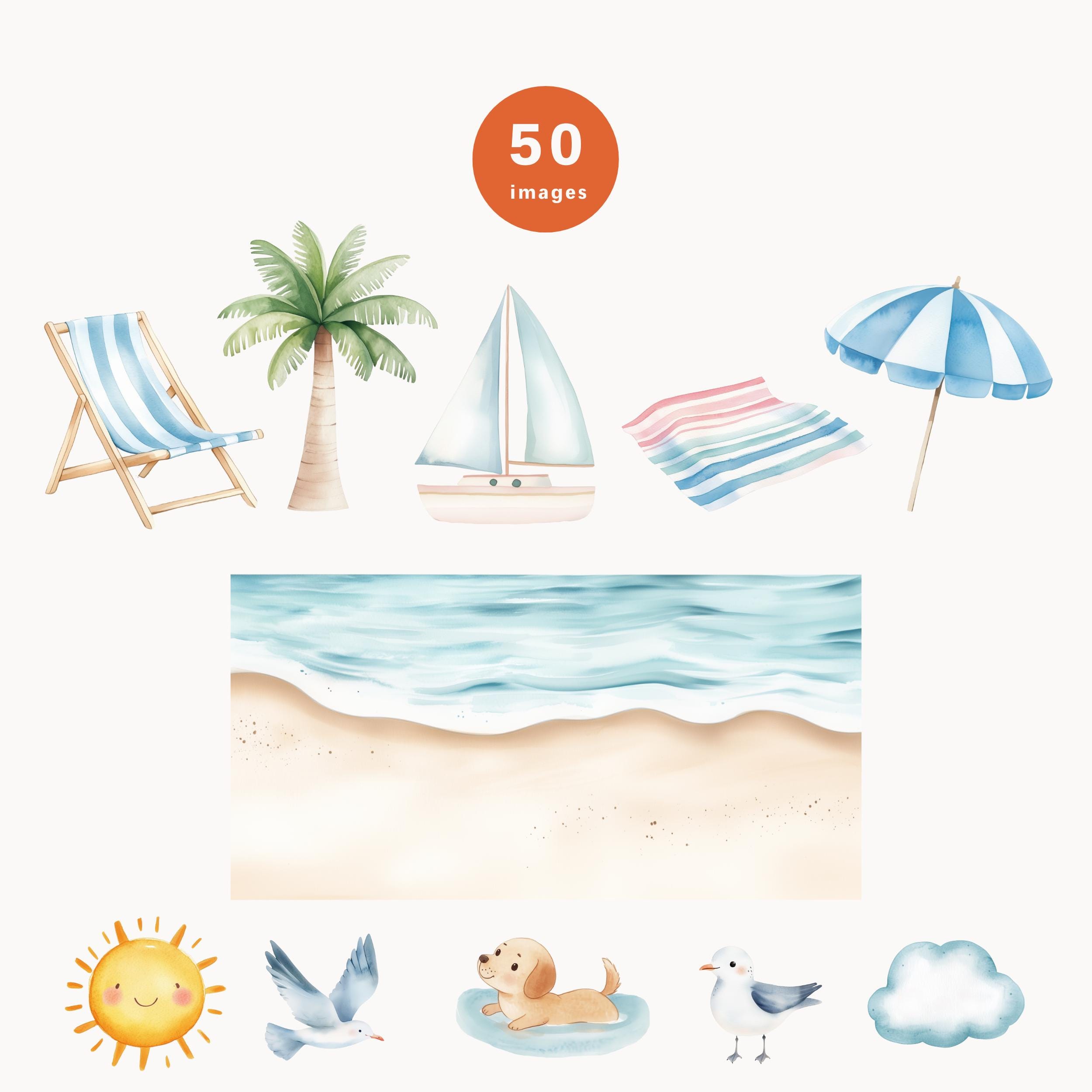 Cute Summer Beach Clipart, Seasonal Clipart, Watercolor Summer Clipart ...