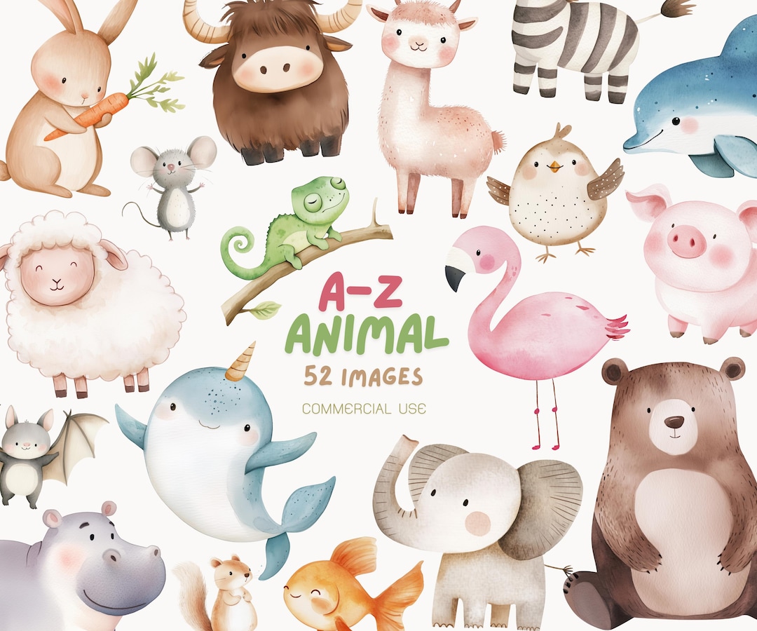 Watercolor Animals A-Z Clipart, Animal Alphabet Clipart, Nursery Decor ...