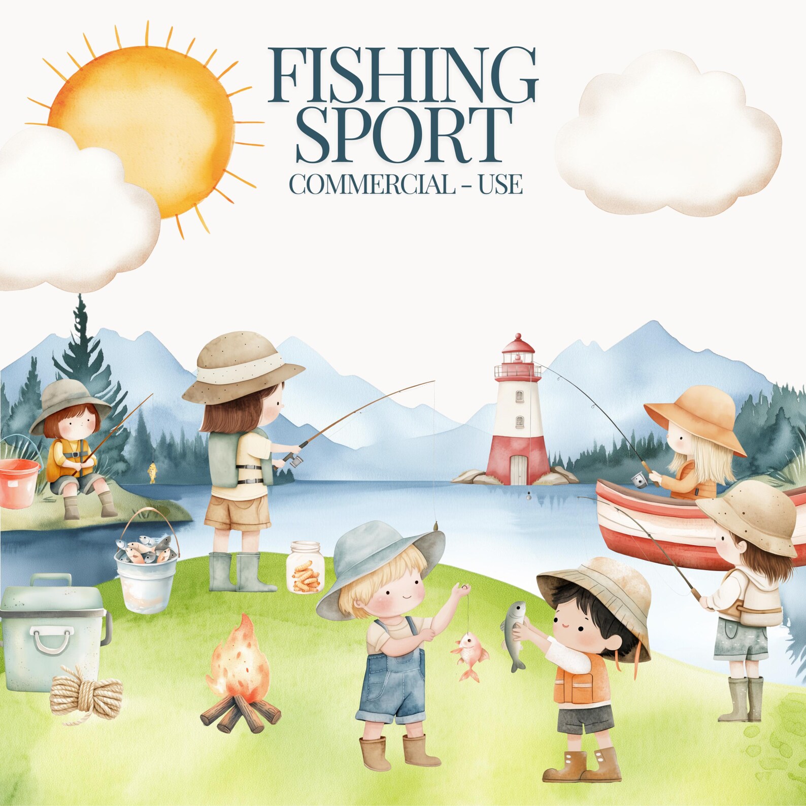 Watercolor Fishing Clipart, Fishing Items , Activity, Watercolor ...
