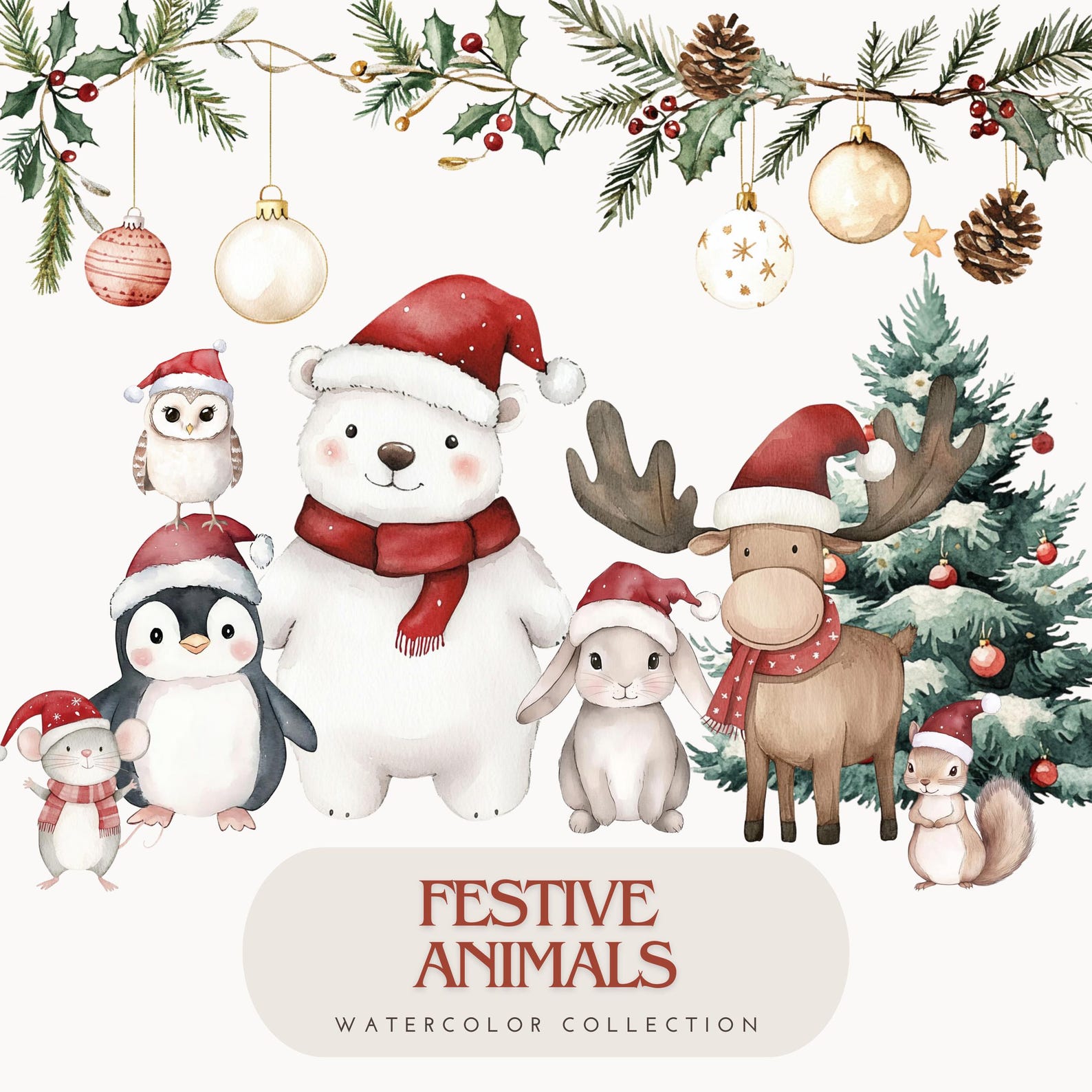 Watercolor Cute Animals Christmas, Festive Animals, Festive Woodland ...