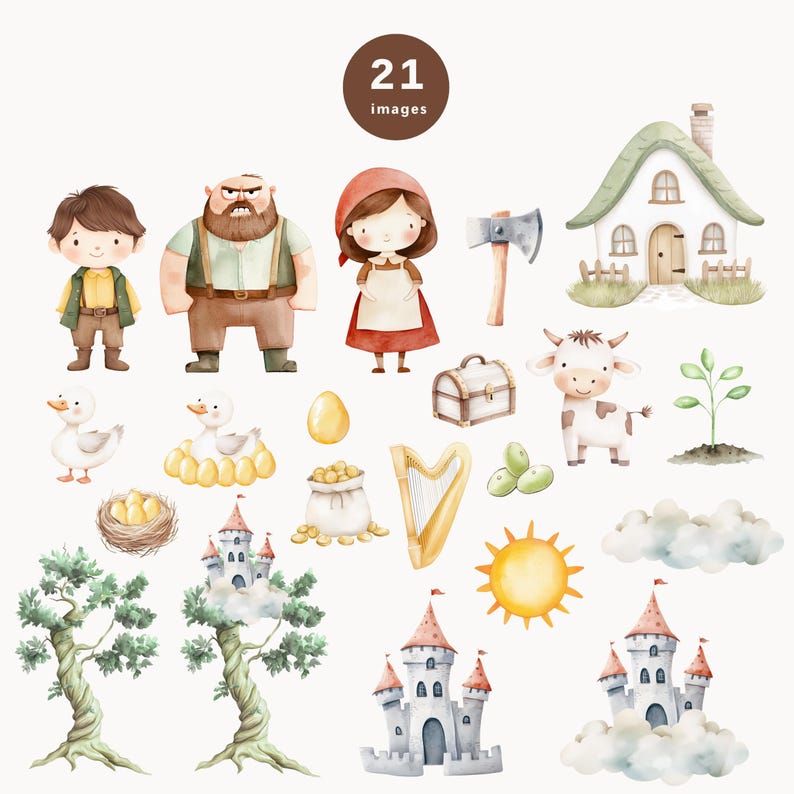 Jack and the Beanstalk Watercolor Clipart, Cute Jack and the Beanstalk ...