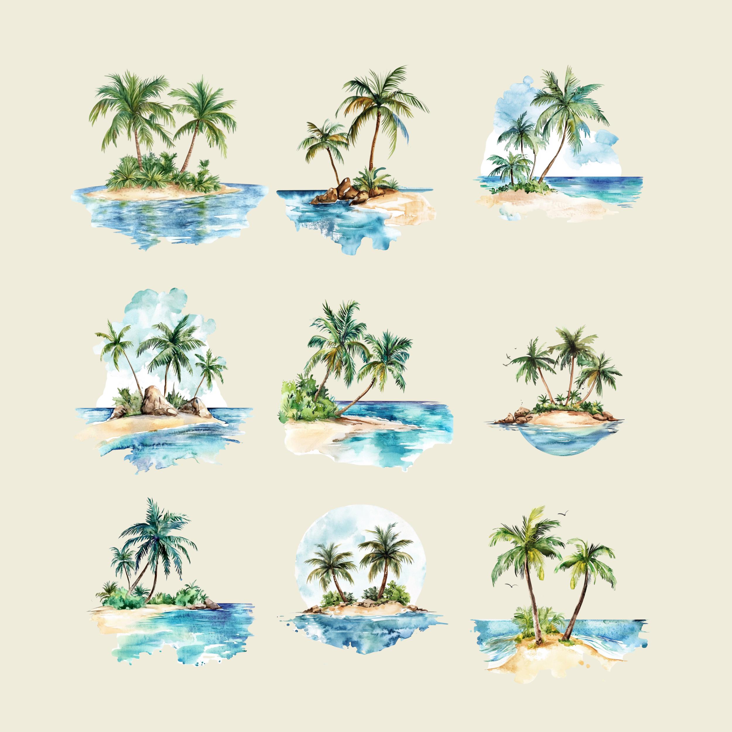 Watercolor Tropical Island Clipart, Vintage Beach Clip Art Bundle ...