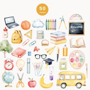 Cute Back to School Watercolor Clipart, School Bus, Backpack, Pencil ...