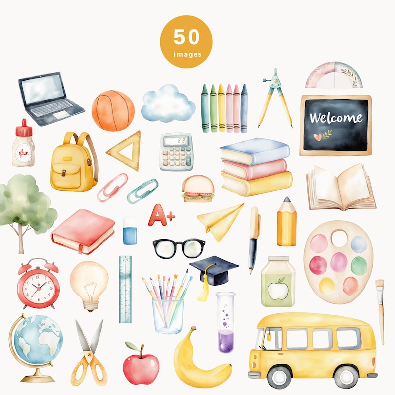 Cute Back to School Watercolor Clipart, School Bus, Backpack, Pencil ...