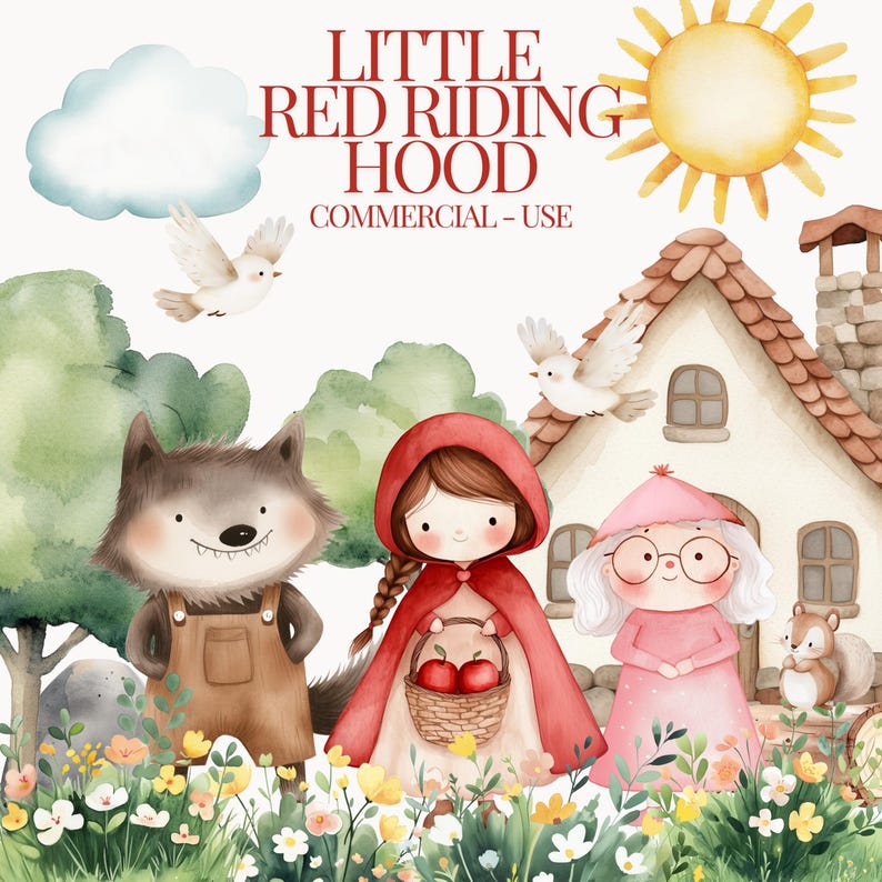 Fairy Tale Clipart Bundle, Watercolor Clipart, Little Red Riding Hood ...