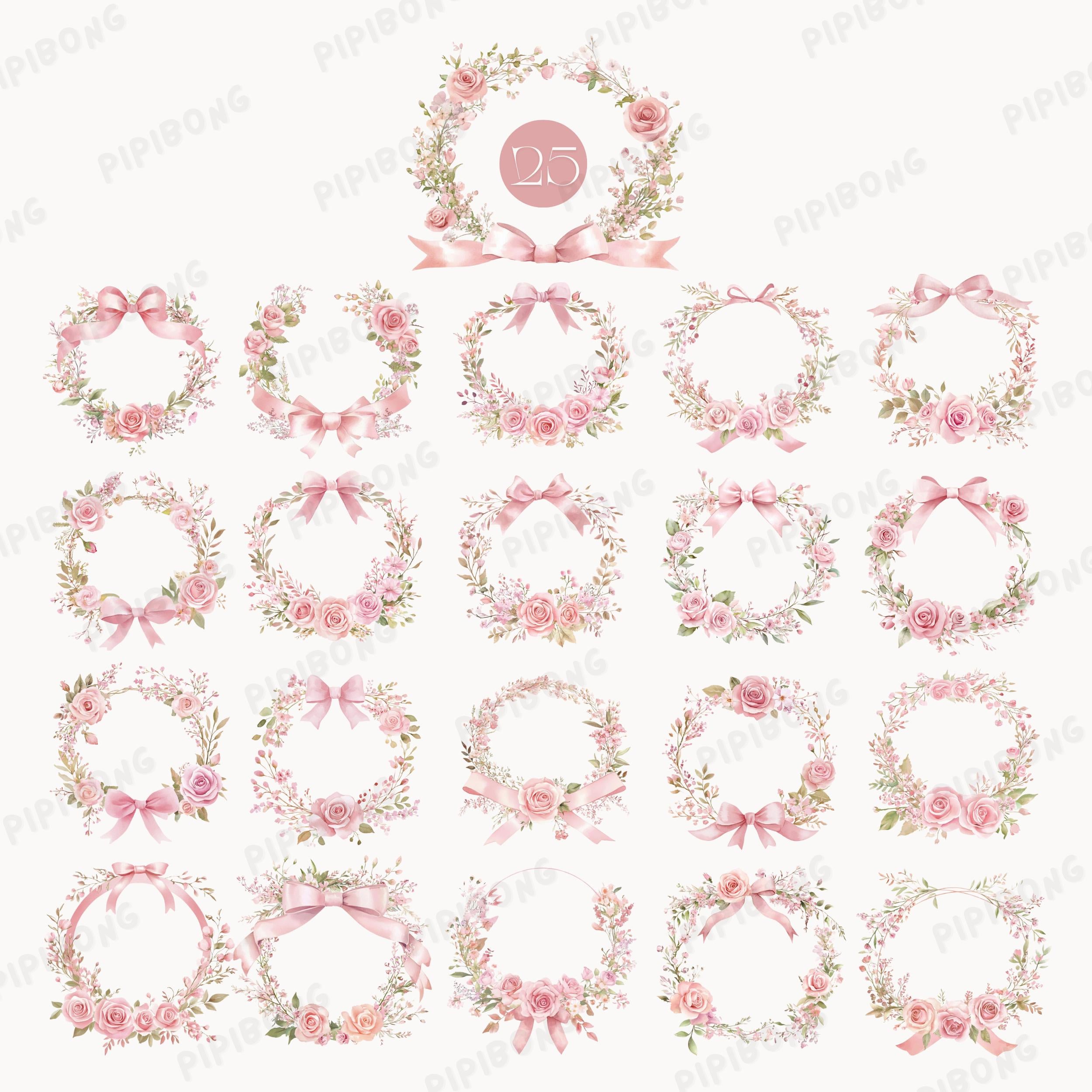 Coquette Pink Cute Floral Frame, Baroque Style, Vintage Clipart, Round ...