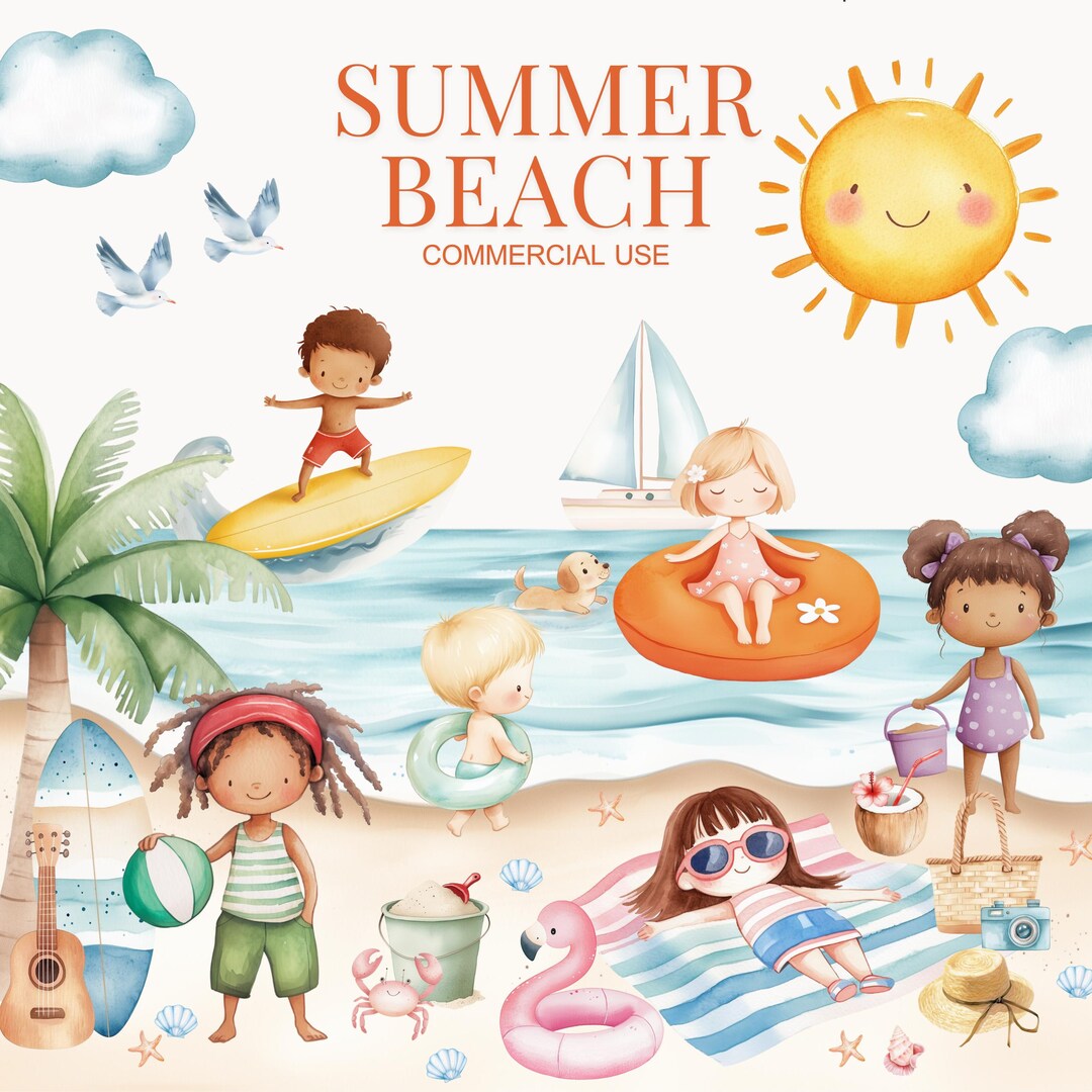 Cute Summer Beach Clipart, Seasonal Clipart, Watercolor Summer Clipart ...