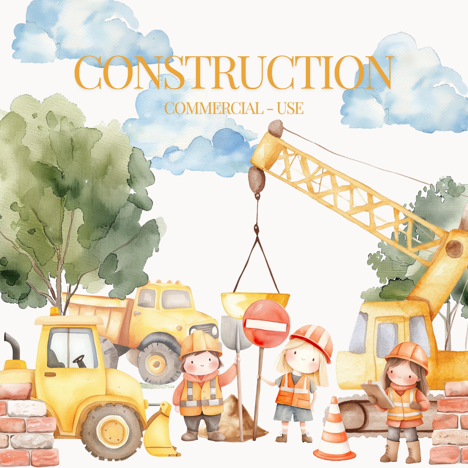 Cute Construction Watercolor Clipart, Construction Vehicle for Kids ...