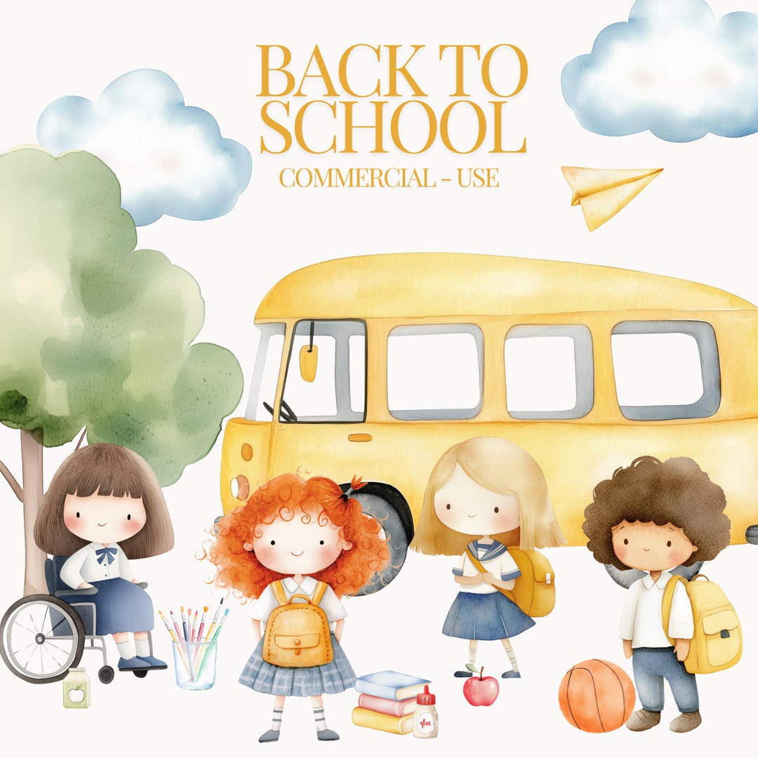 Cute Back to School Watercolor Clipart, School Bus, Backpack, Pencil ...