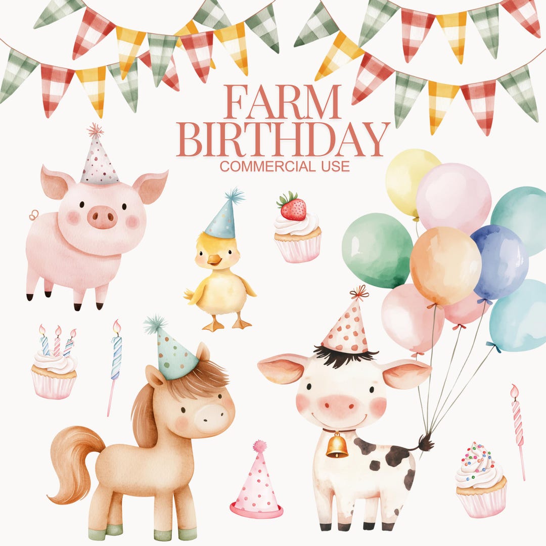 Cute Farm Birthday Clipart, Watercolor Clipart for Commercial Use, Farm ...