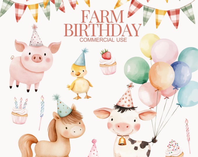 Baby Farm Birthday Animals Clipart, Farm PNG, Nursery Wall Art, Baby ...