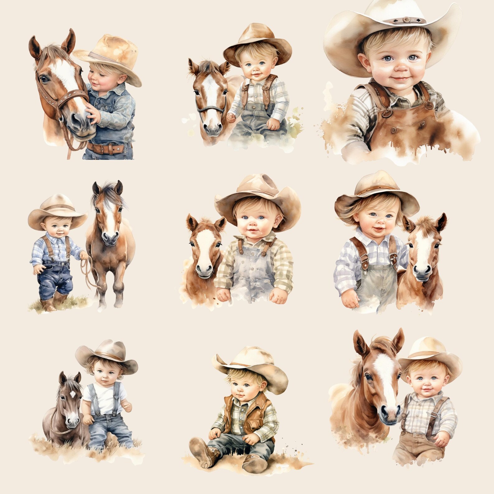 Baby Cowboy Watercolor Clipart Png, Boy With Horse Sublimation PNG ...