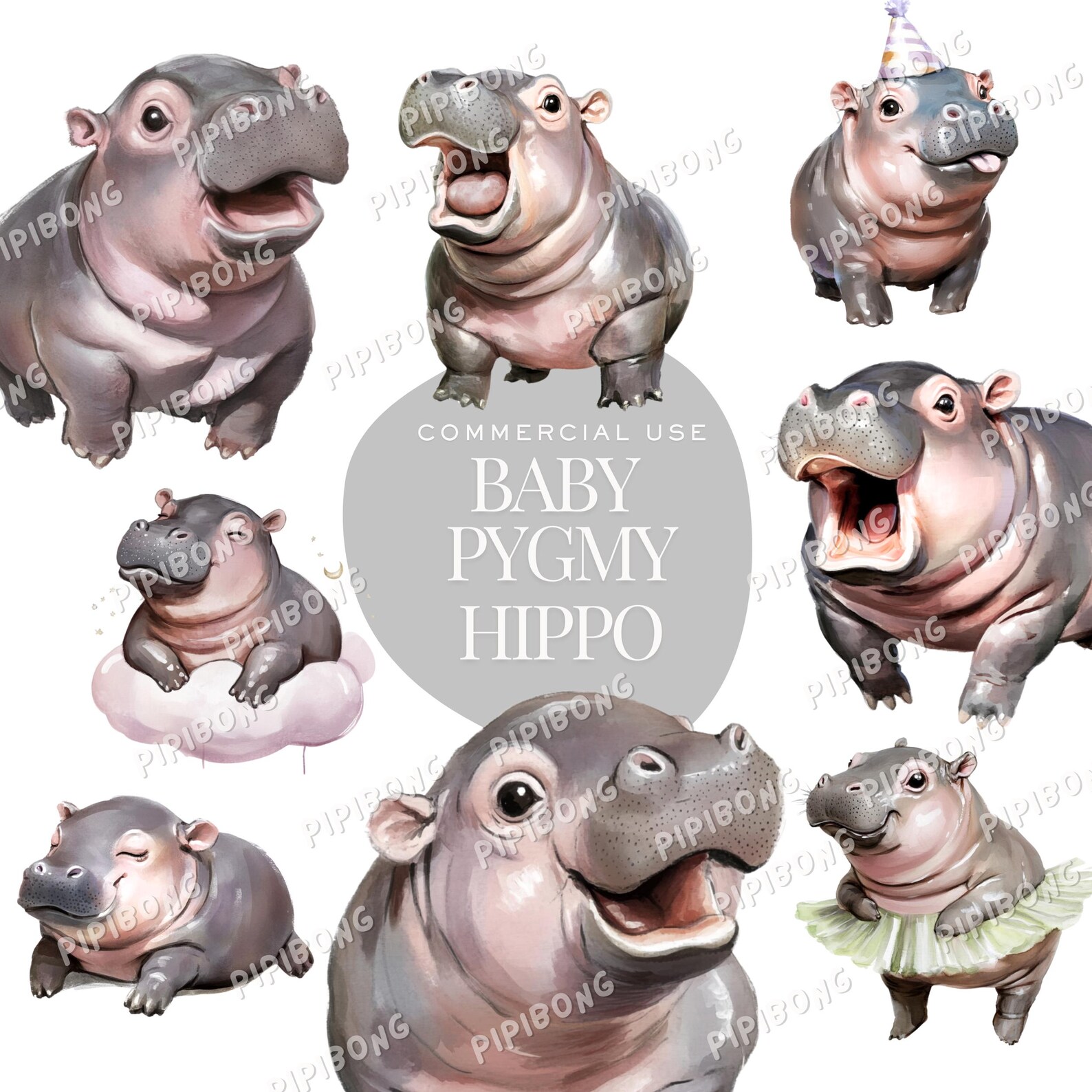 Cute Hippo Clipart, Watercolor Baby Hippo Moodeng, Pygmy Hippo, Pygmy ...