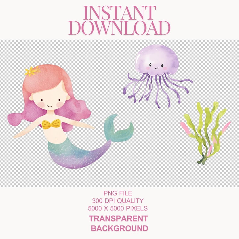 Under the Sea, Watercolor Cute Mermaid Party, Under the Sea Ocean ...