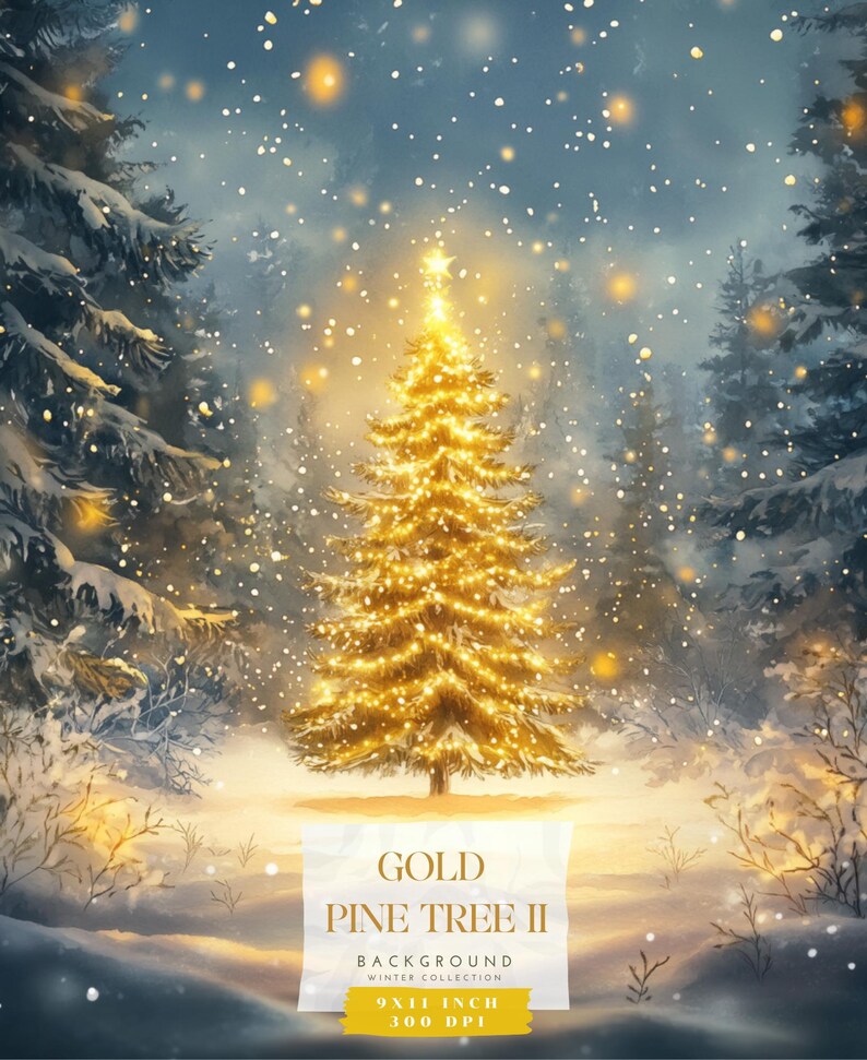 Watercolor Gold Pine Trees Set 2, Pine Trees PNG, Gold Christmas Tree ...