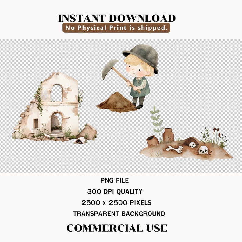 Little Archeology Watercolor Clipart, Archeology Graphics, Ancient ...