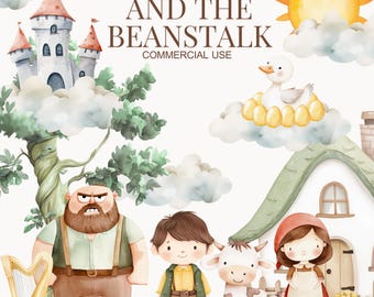 Jack and the Beanstalk Clipart, Watercolor Fairy Tale Graphics, Kids ...