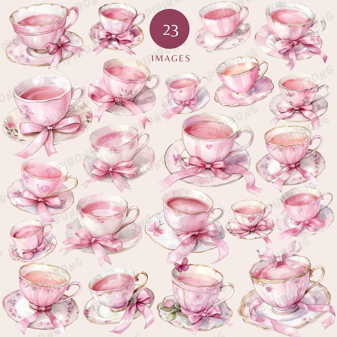 Watercolor Pink Tea Clipart, Coquette Pink Tea Cups, Coquette Tea ...