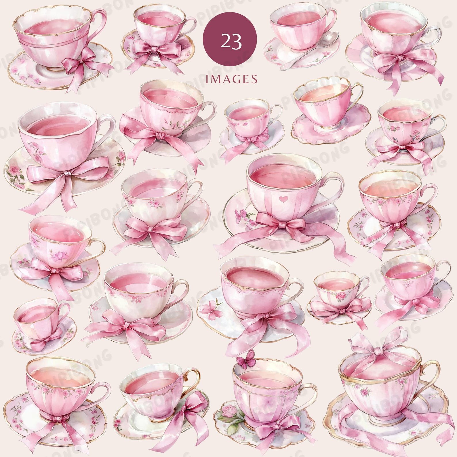 Watercolor Pink Tea Clipart, Coquette Pink Tea Cups, Coquette Tea ...