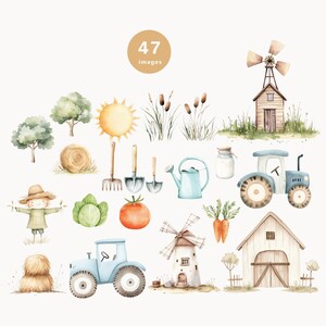 Cute Little Farm Clipart, Watercolor Sweet Farm Clipart, Cottage ...