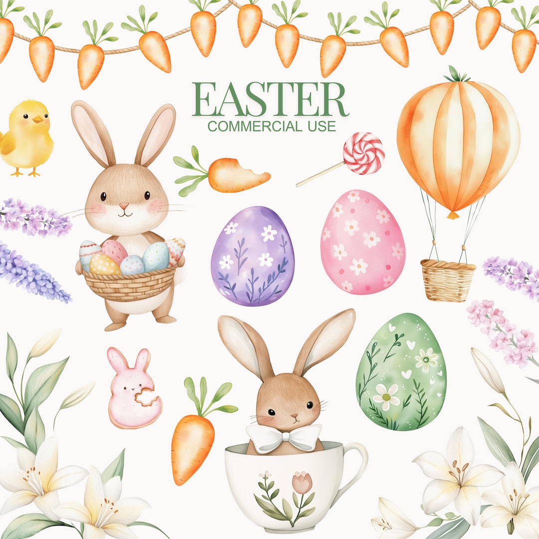 Watercolor Cute Easter Clipart, Spring Bunny Clipart, Easter Basket ...