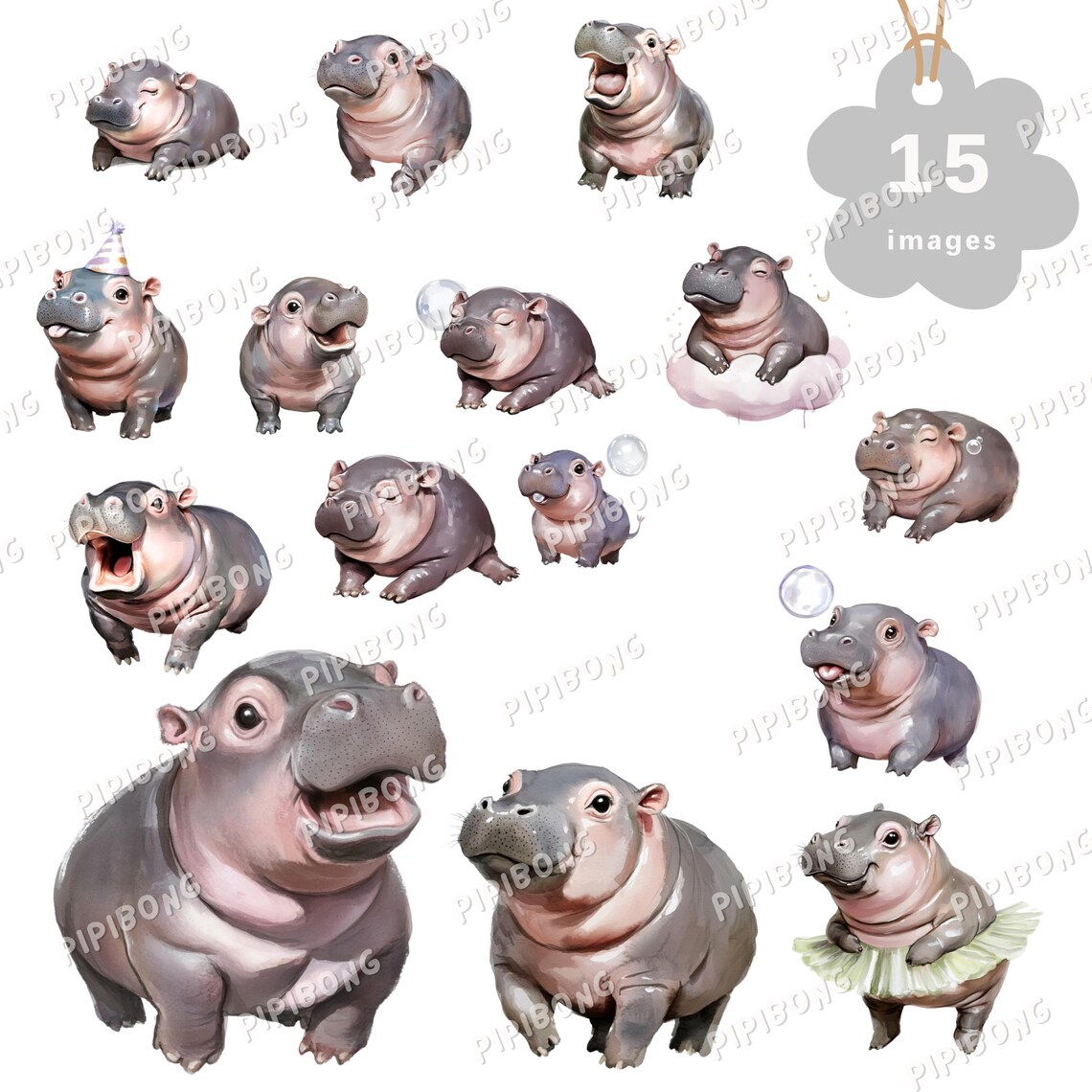Cute Hippo Clipart, Watercolor Baby Hippo Moodeng, Pygmy Hippo, Pygmy ...