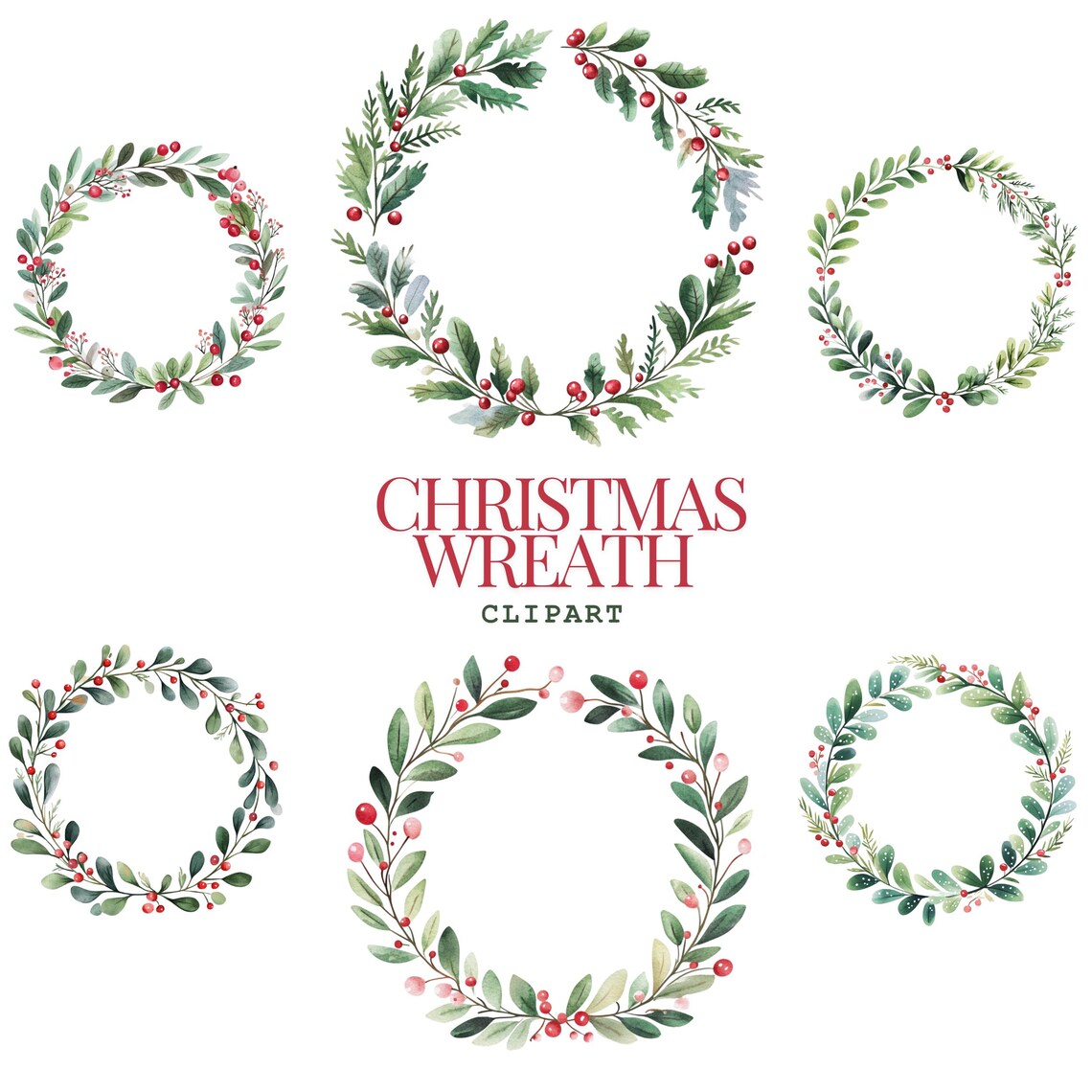 Watercolor Christmas Wreath Clipart, Xmas Wreath Clipart, Winter Leaves ...