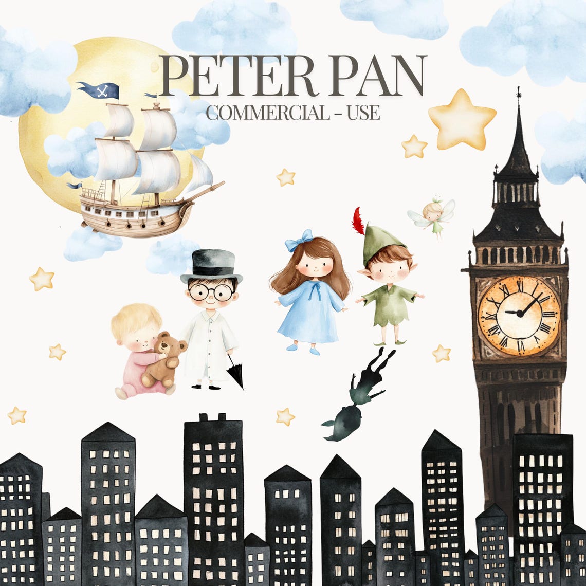 Peter Pan Watercolor Clipart, Fairy Tale Clip Art, Cute Tinkerbell ...
