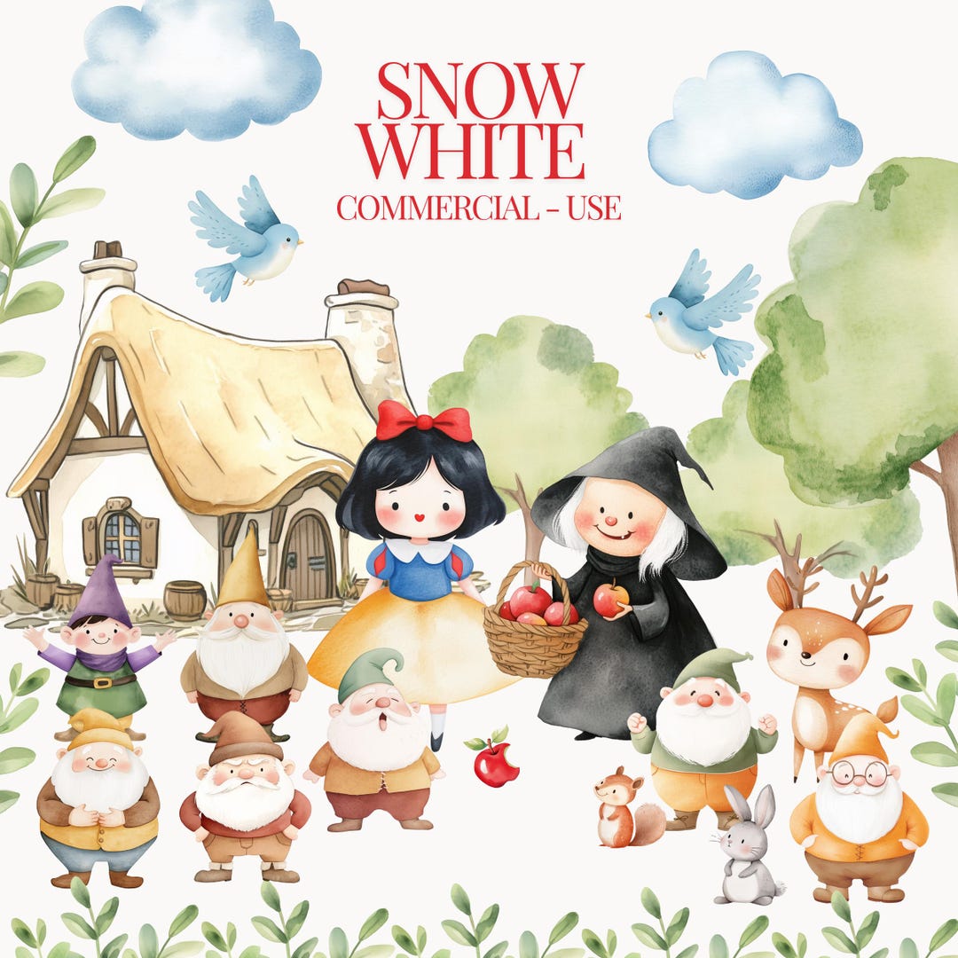 Snow White Watercolor Clipart, Princess PNG, Seven Dwarves, the White ...