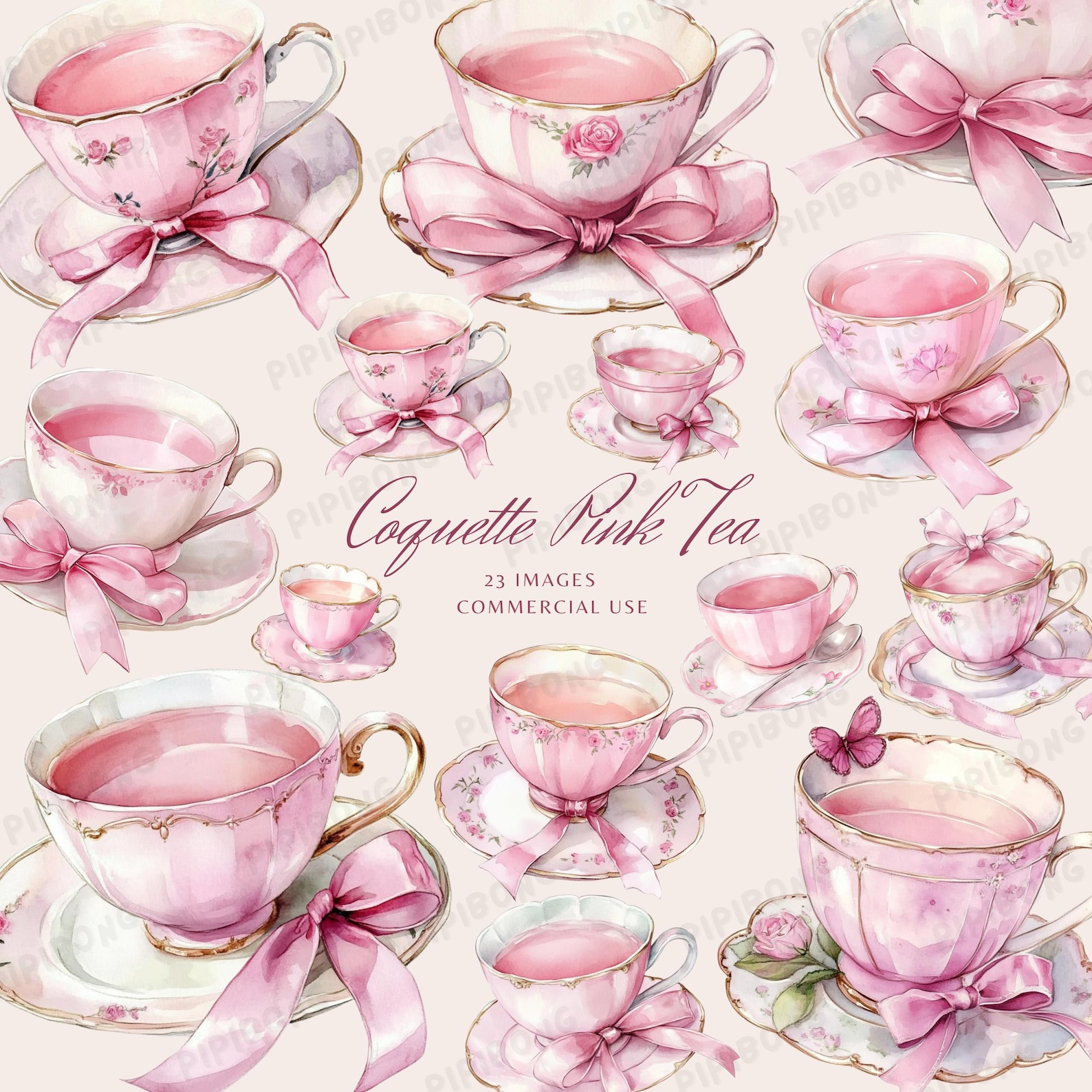 Watercolor Pink Tea Clipart, Coquette Pink Tea Cups, Coquette Tea ...