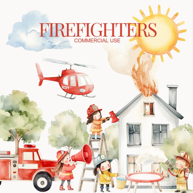 Cute Firefighters Clipart, Cute Watercolor Clipart, Fire Extinguisher ...