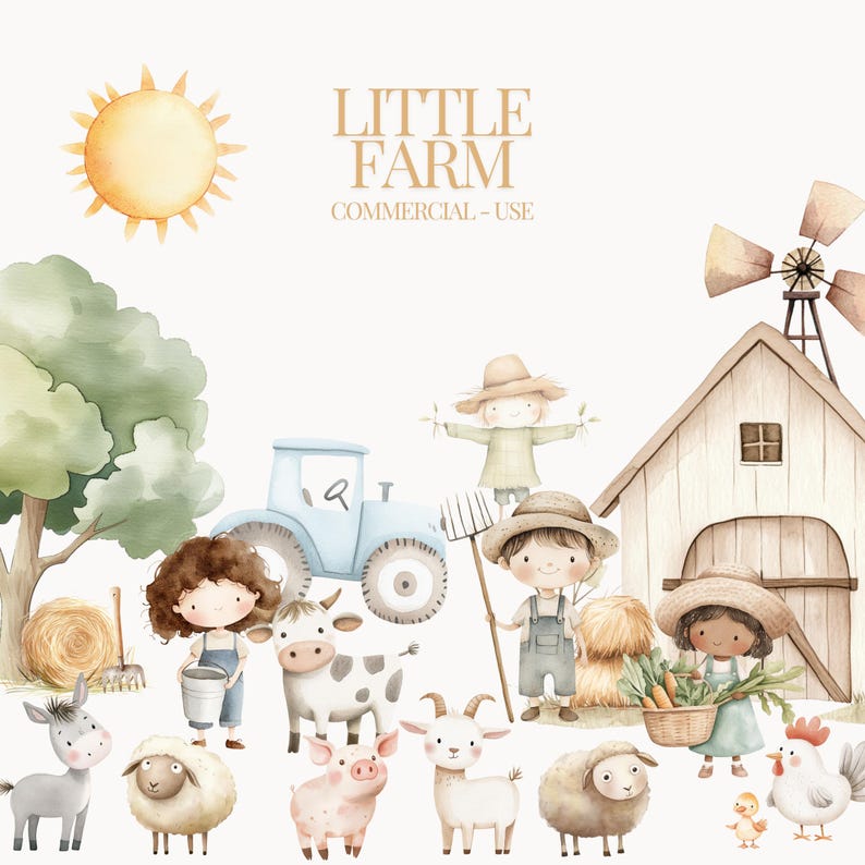 Cute Little Farm Clipart, Watercolor Sweet Farm Clipart, Cottage ...