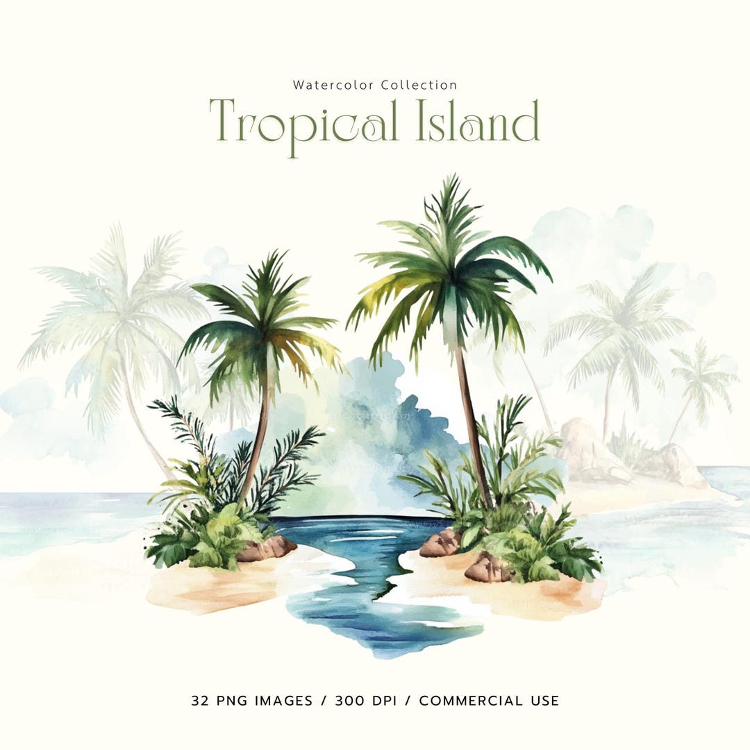 Watercolor Tropical Island Clipart, Vintage Beach Clip Art Bundle ...