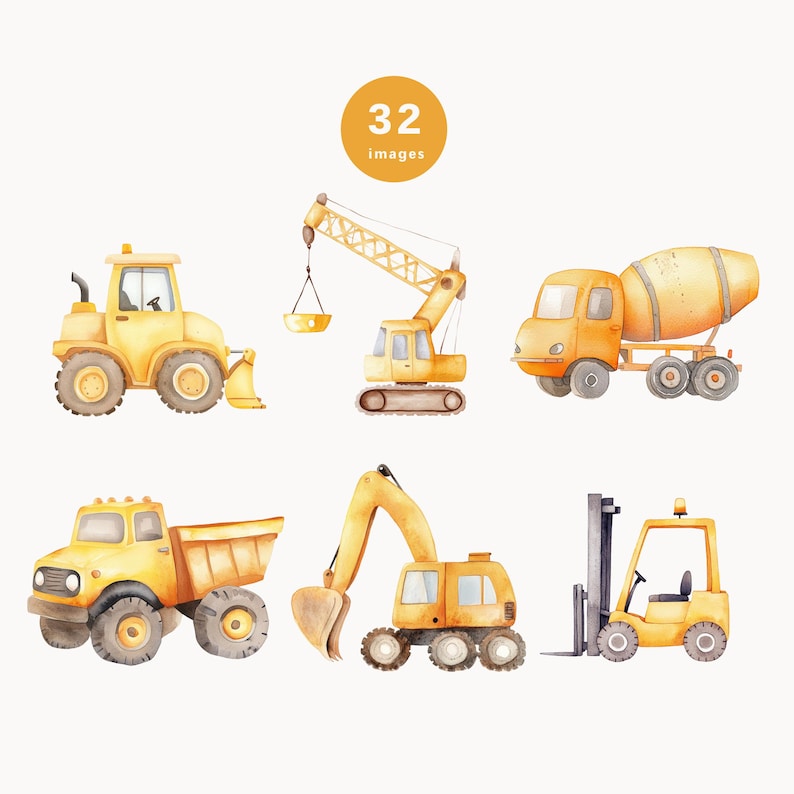 Cute Construction Watercolor Clipart, Construction Vehicle for Kids ...