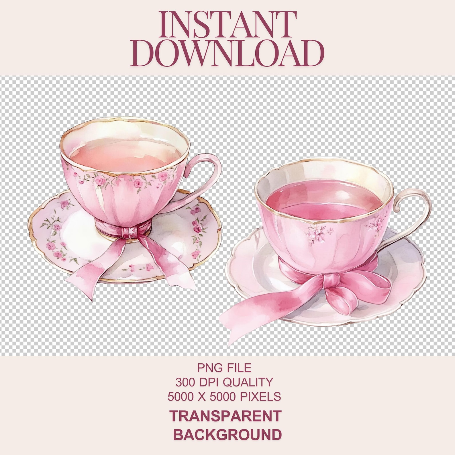 Watercolor Pink Tea Clipart, Coquette Pink Tea Cups, Coquette Tea ...