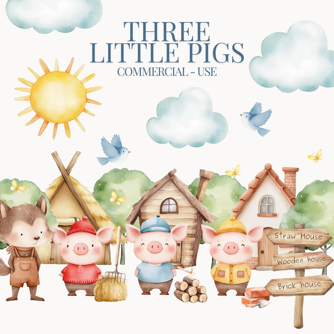 Three Little Pigs Clipart Watercolor Clipart, 3 Little Pigs, Nursery ...