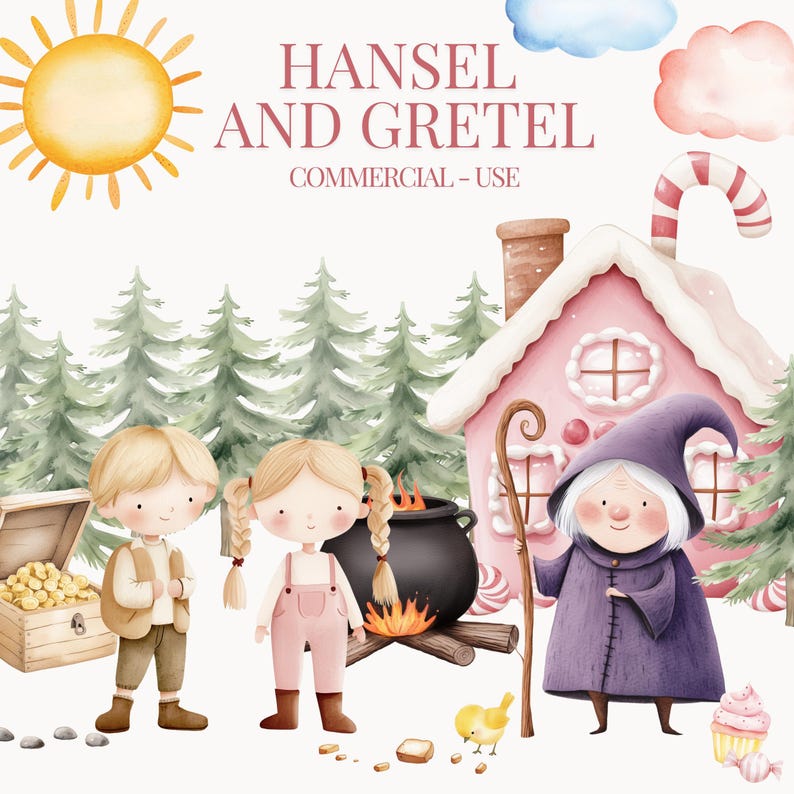 Hansel and Gretel Cute Watercolor Clipart, Fairy Tale, Brothers Grimm ...