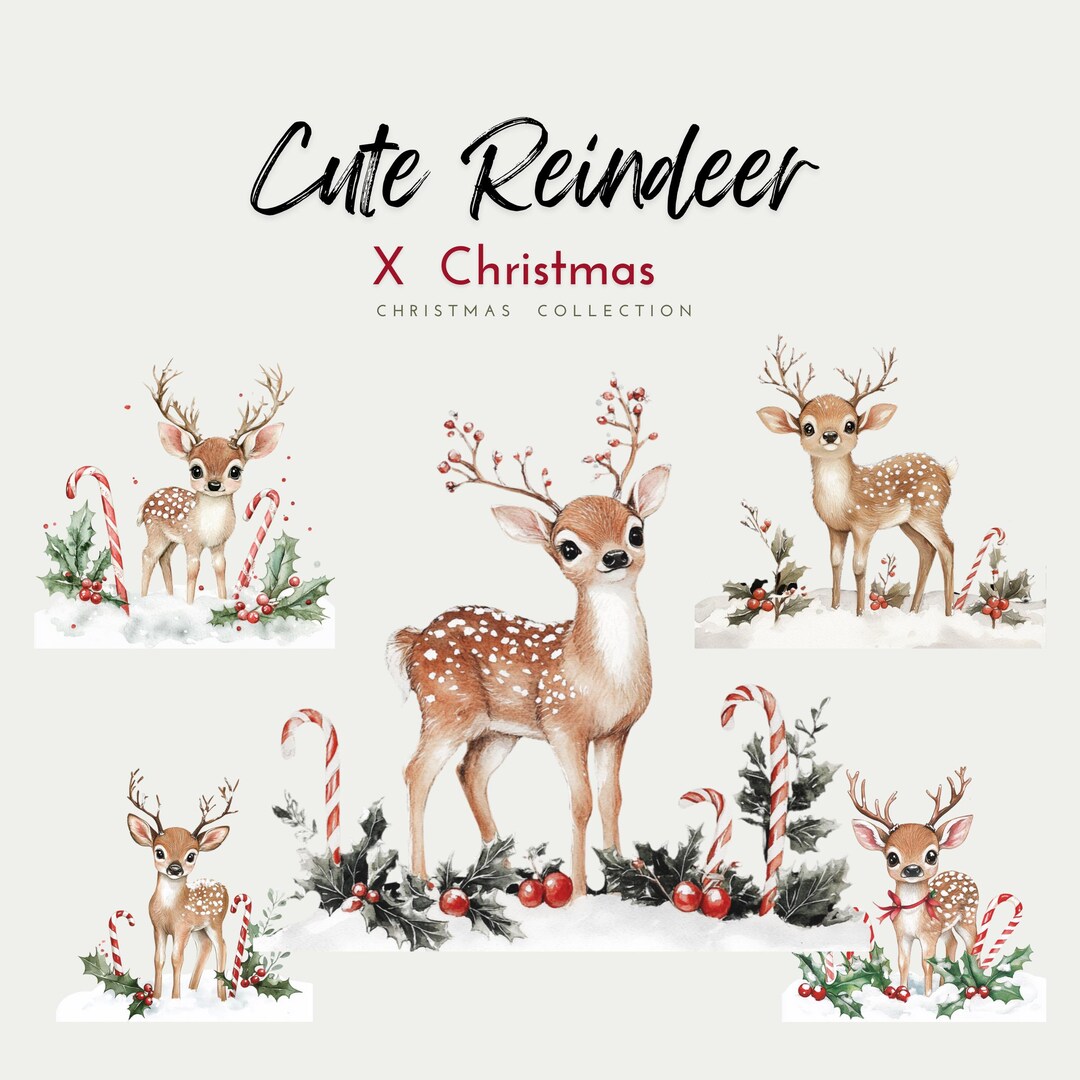 Watercolor Cute Reindeer Clipart, Christmas Woodland Animal Watercolor ...