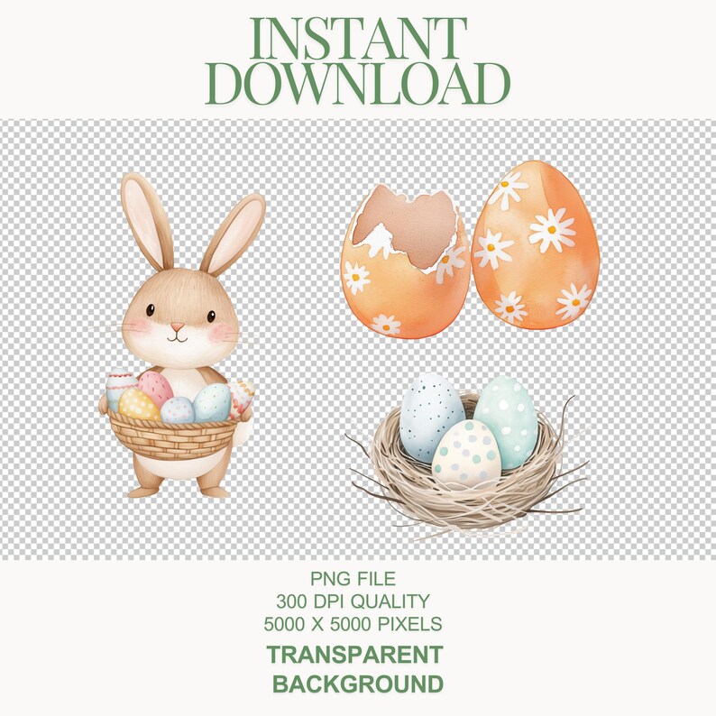 Watercolor Cute Easter Clipart, Spring Bunny Clipart, Easter Basket ...