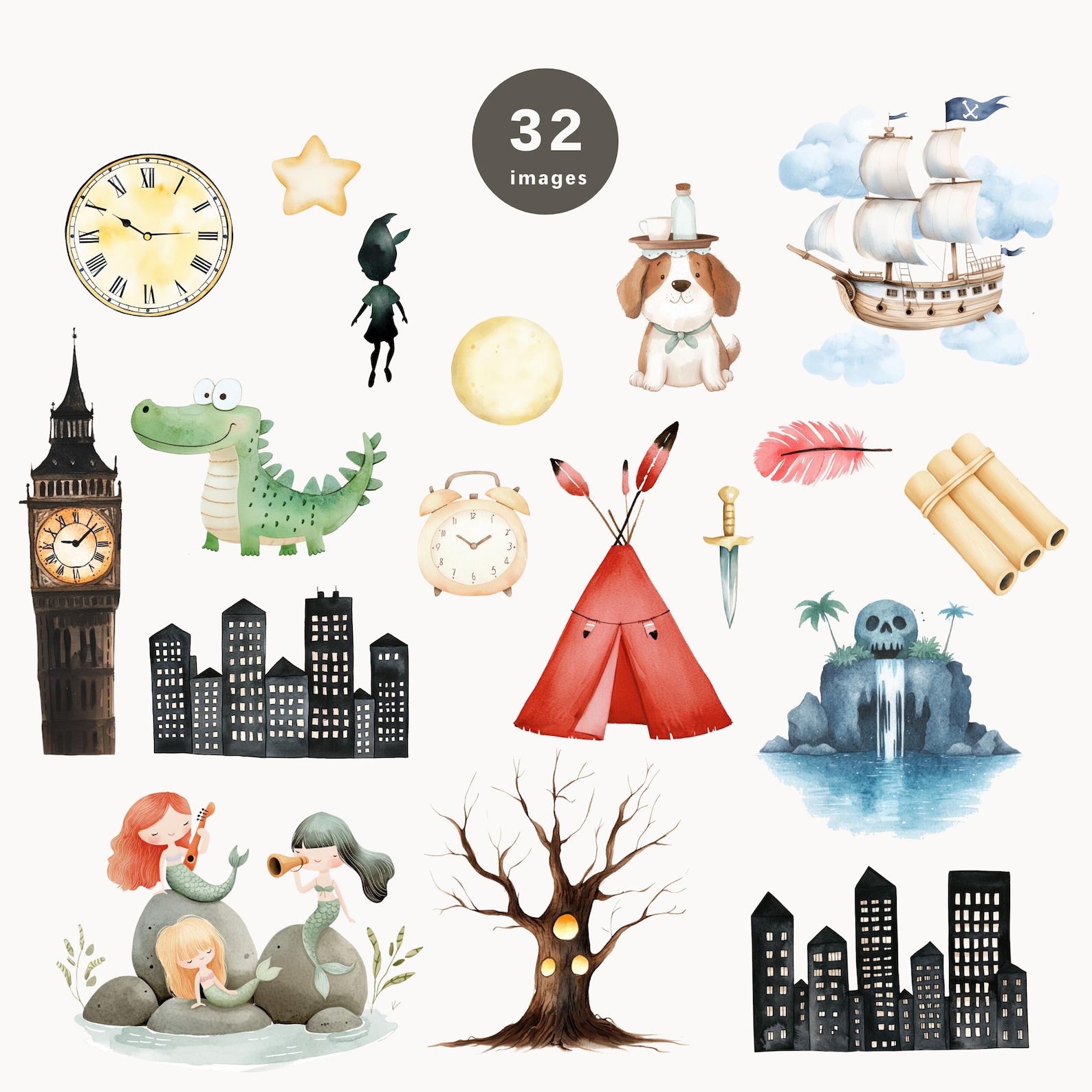 Peter Pan Watercolor Clipart, Fairy Tale Clip Art, Cute Tinkerbell ...