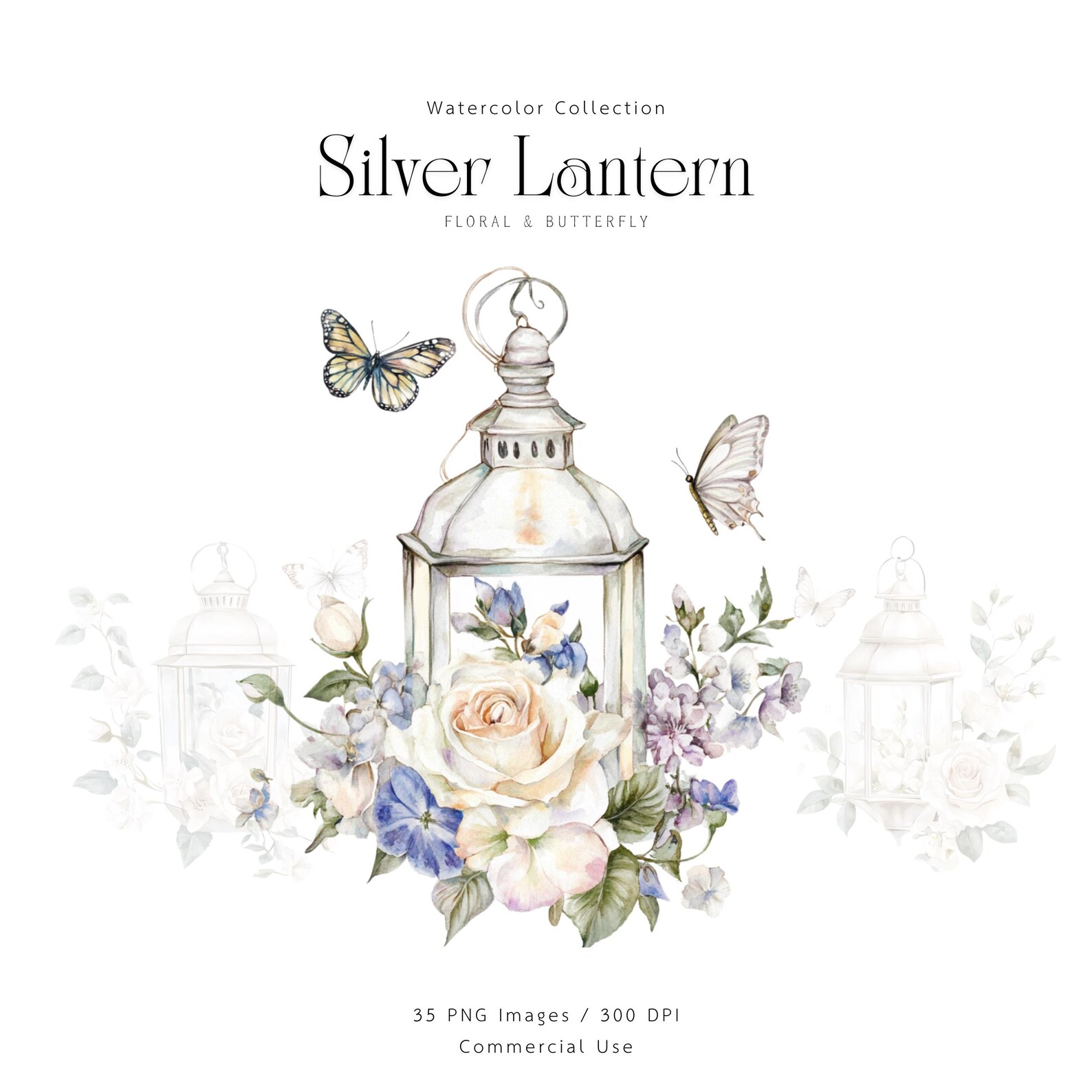 Watercolor Silver Lantern With Floral Antique Lantern Watercolor ...