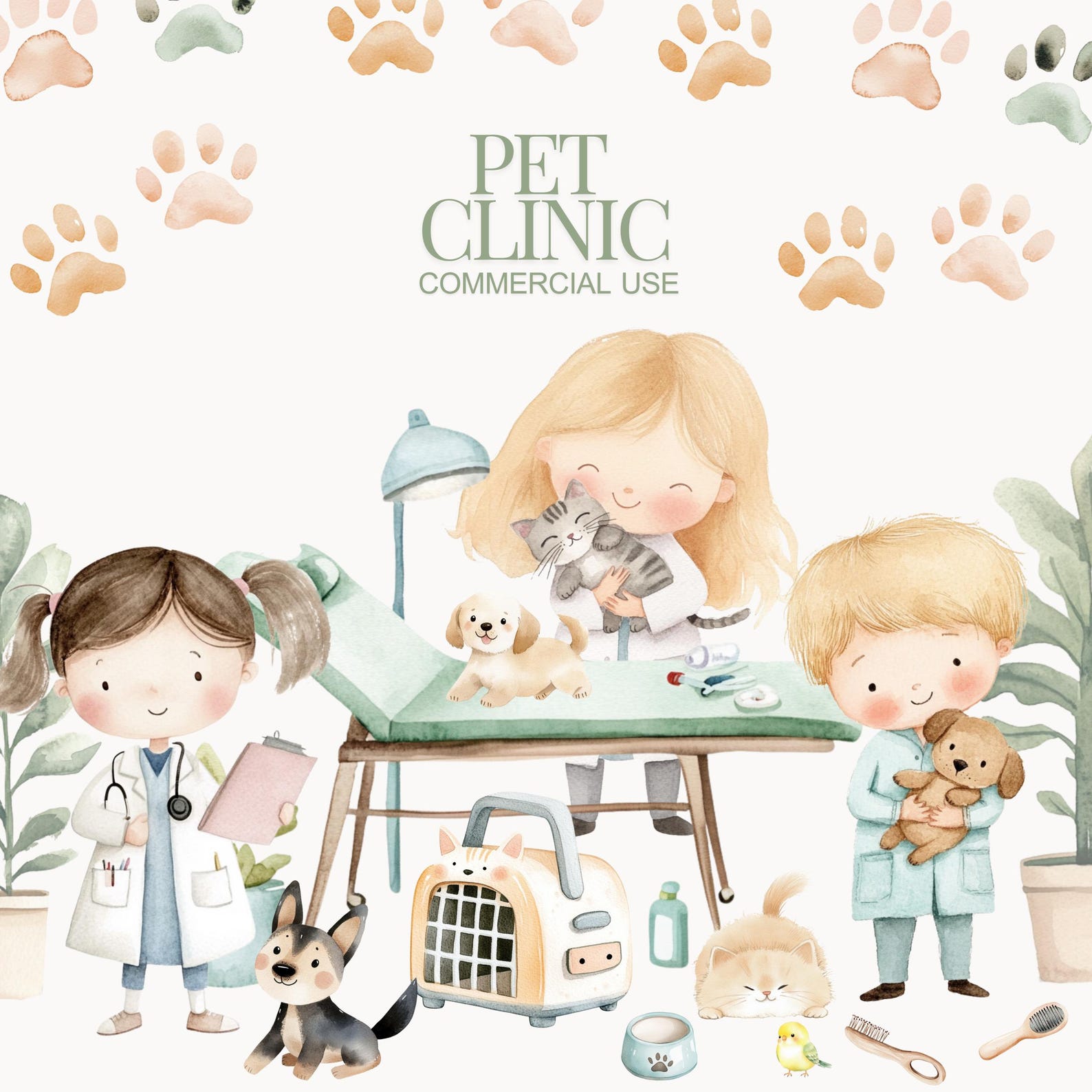 Cute Charming Pet Clinic Clipart, Cat and Dog Illustrations, Watercolor ...