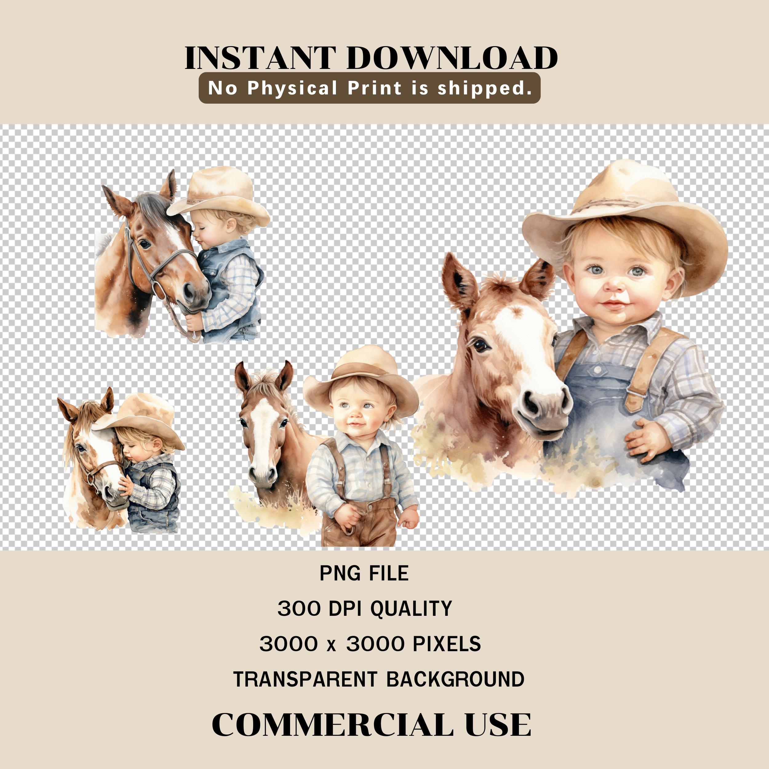 Baby Cowboy Watercolor Clipart Png, Boy With Horse Sublimation PNG ...