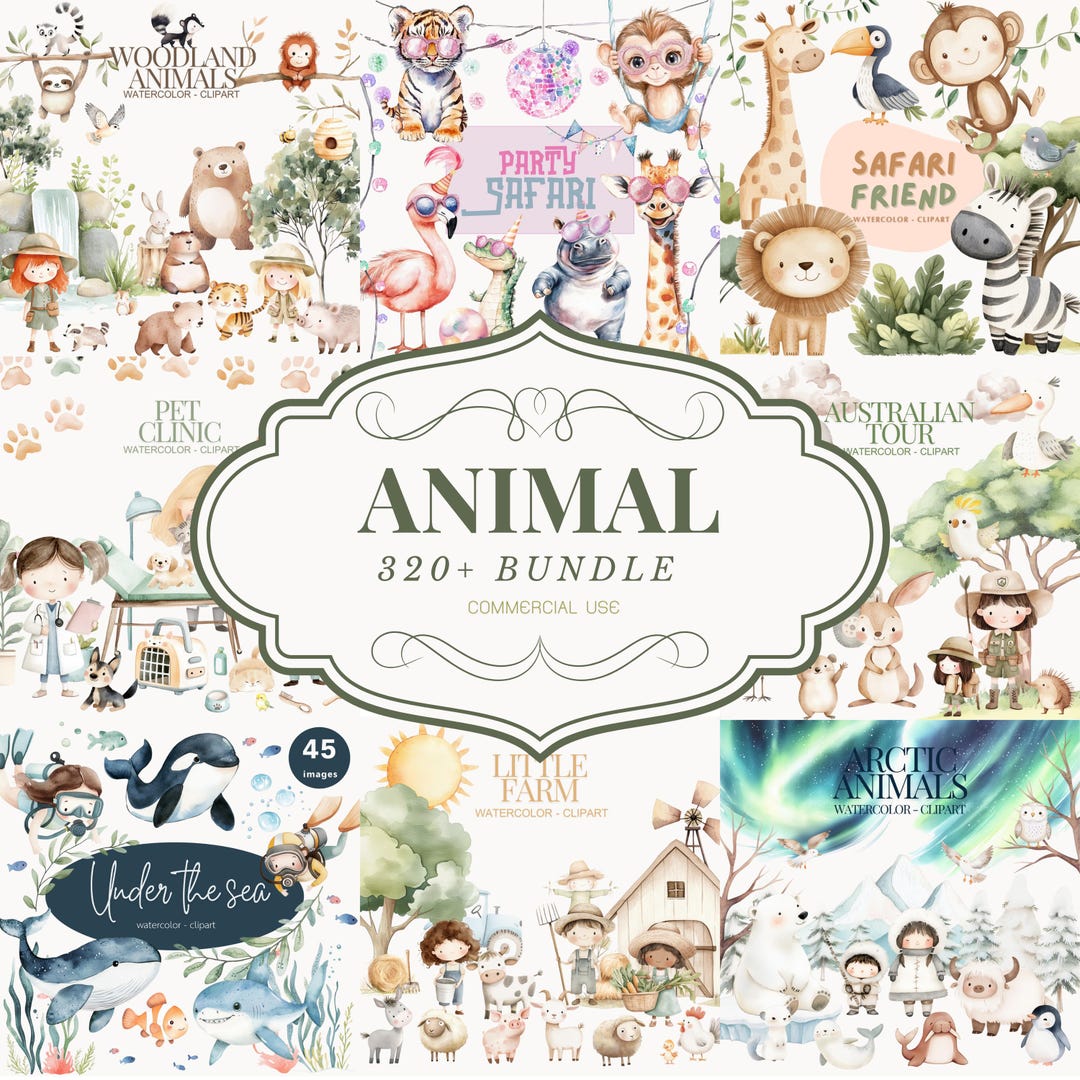 Cute Animals Clipart Bundle, Watercolor Clipart, Animal Nursery ...